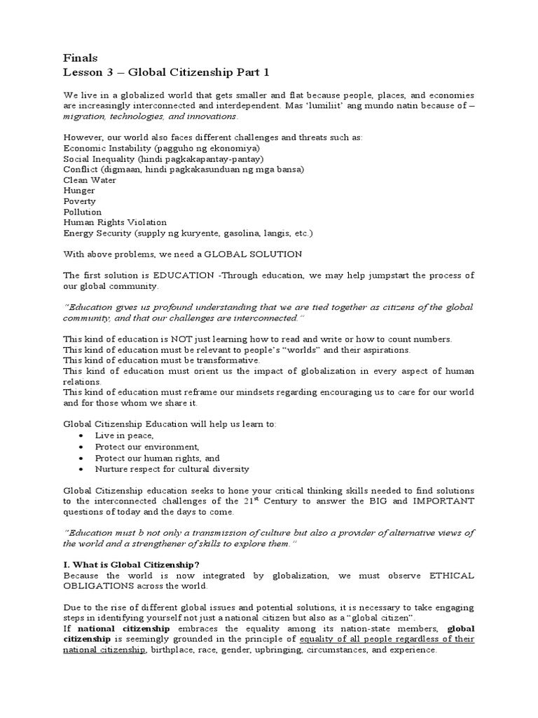 FInals - Lesson 3 - Global Citizenship Part 1 | PDF | Cosmopolitanism ...