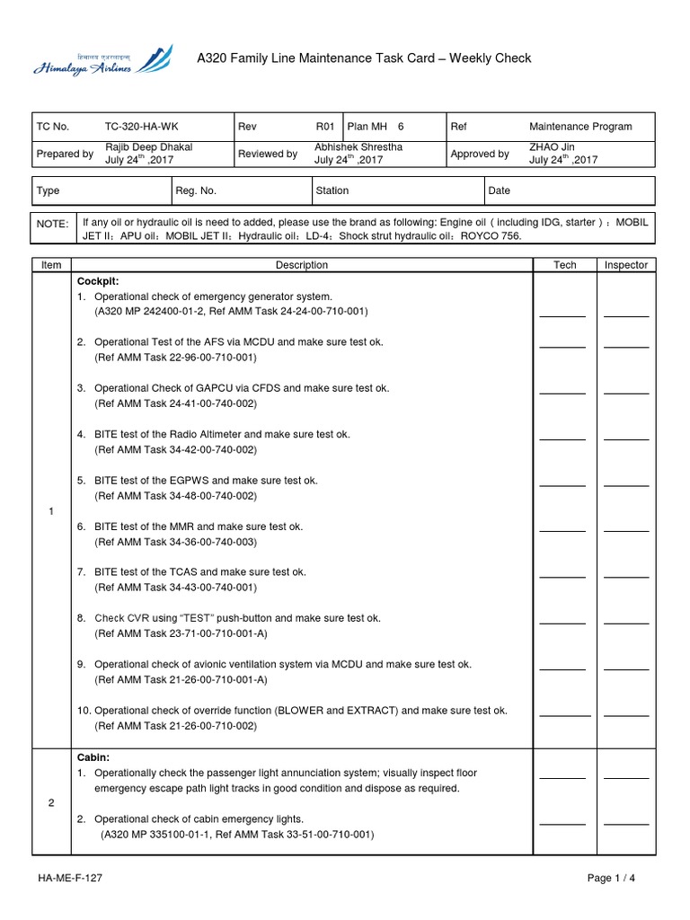 A320 Family Line Maintenance Task Card - Weekly Check: Cockpit | PDF ...