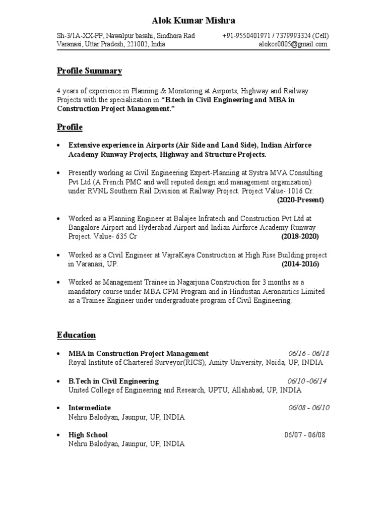 Alok Mishra Planning Position Resume | PDF | Engineering | Economic Sectors