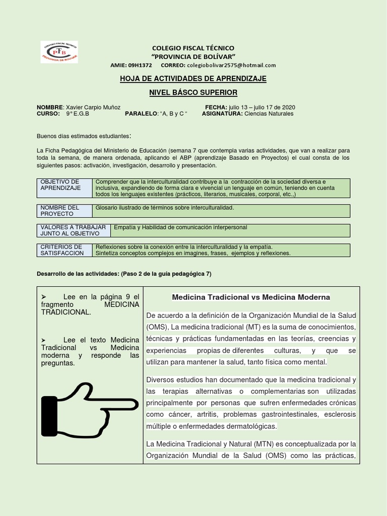 9° CCNN. HOJA DE APRENDIZAJE (7 Semana) NEE | PDF | Medicina | Medicina alternativa