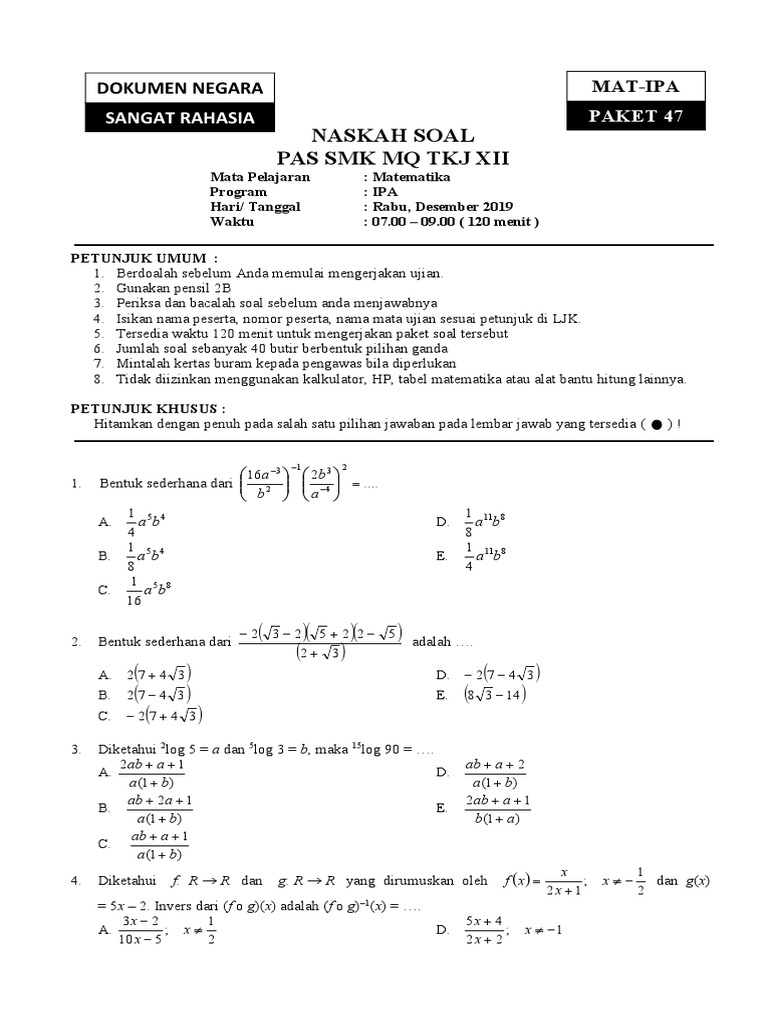 Soal PAS MTK XII TKJ SMK MQ | PDF