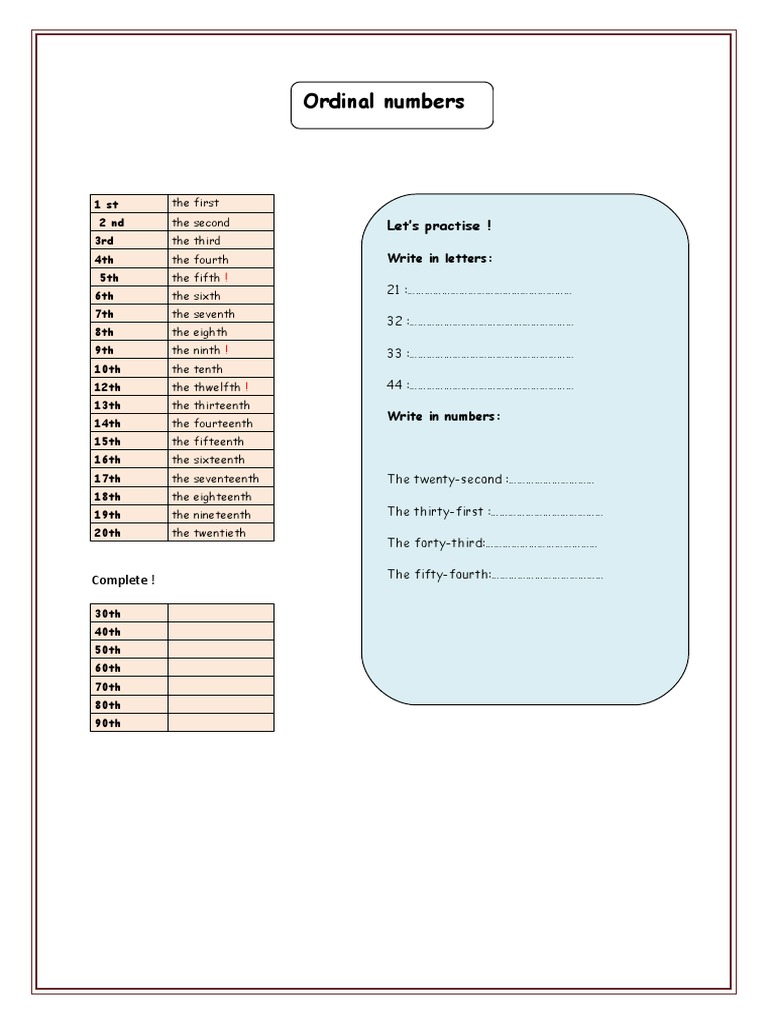 Ordinal Numbers and Dates Practice | PDF