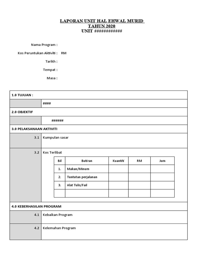 Contoh Laporan Unit Hem - Tahun 2020 | PDF
