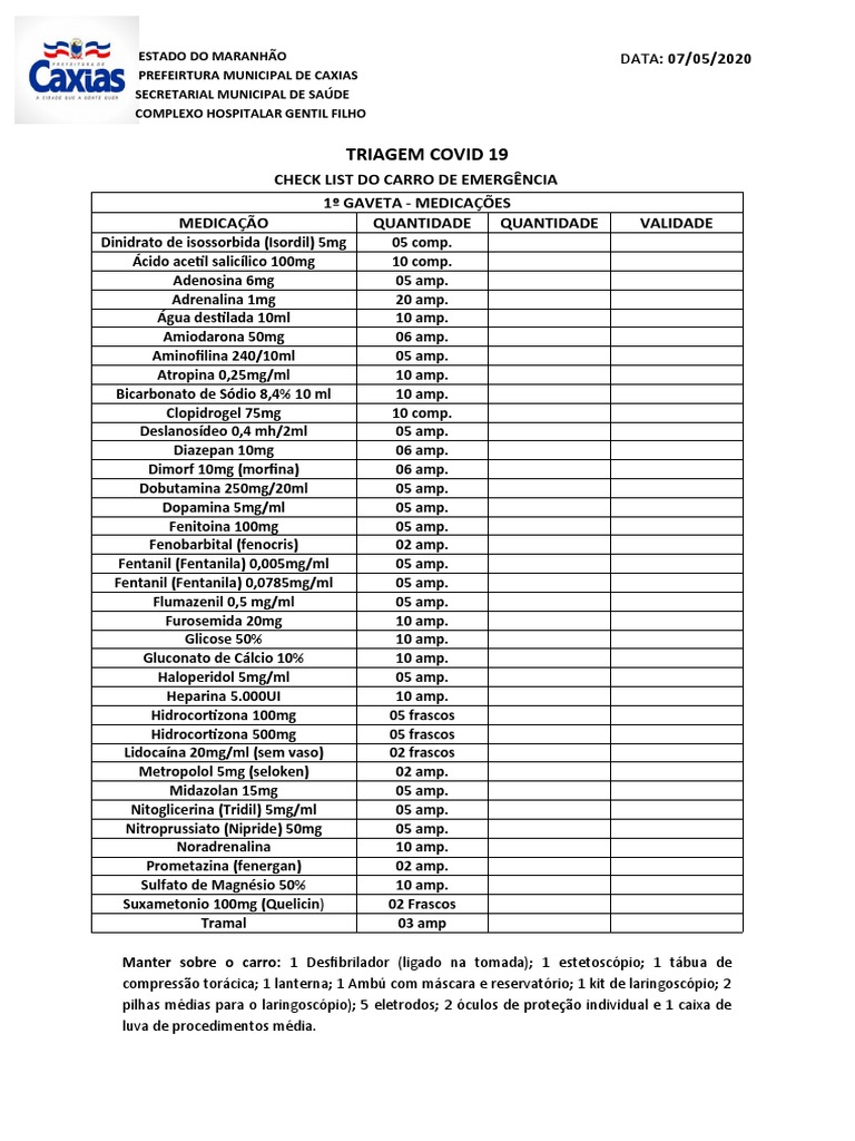 Check List Carro de Parada | PDF | Compostos orgânicos | Tratamentos médicos