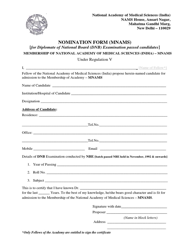 Nomination Form (Mnams) : (For Diplomate of National Board (DNB ...