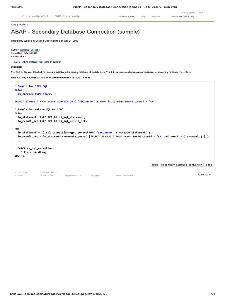 ABAP - Secondary Database Connection (Sample) - Code Gallery - SCN Wiki | PDF