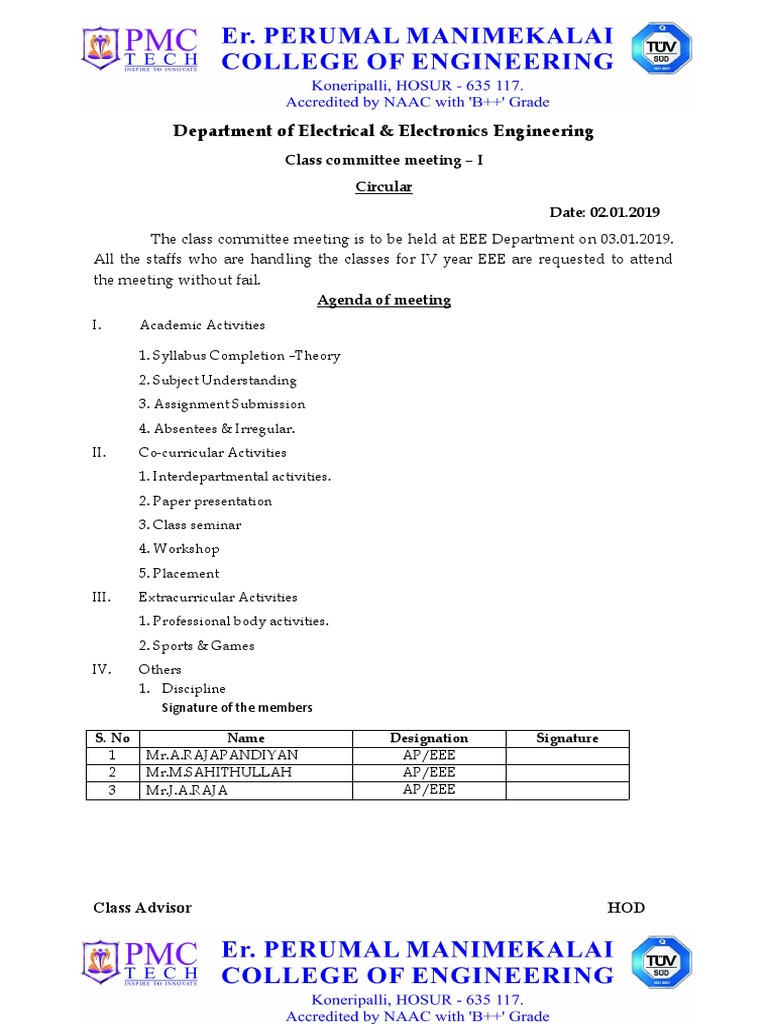 Minutes of the Class Committee Meeting of the IV Year EEE Department ...
