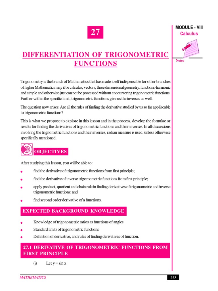 Differentiation Of Trigonometric Functions Pdf Trigonometric Functions Sine