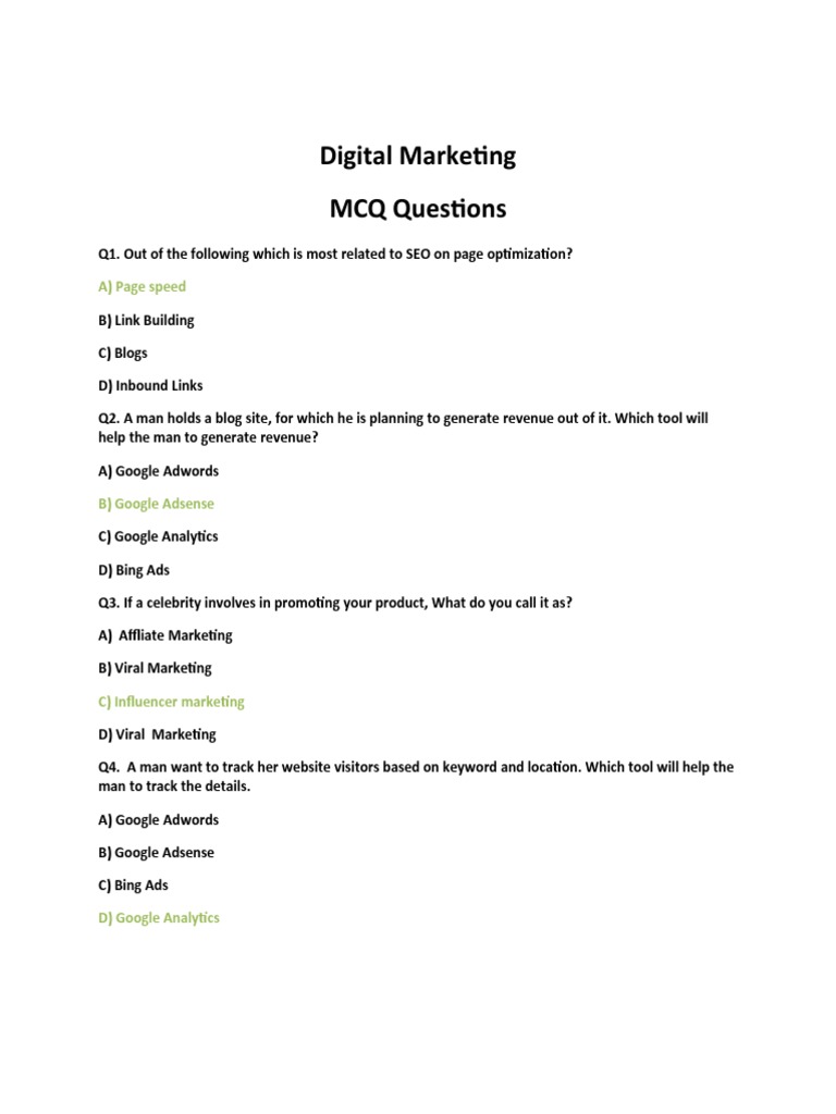 Digital Marketing MCQ Questions: A) Page Speed | PDF | Search Engine ...