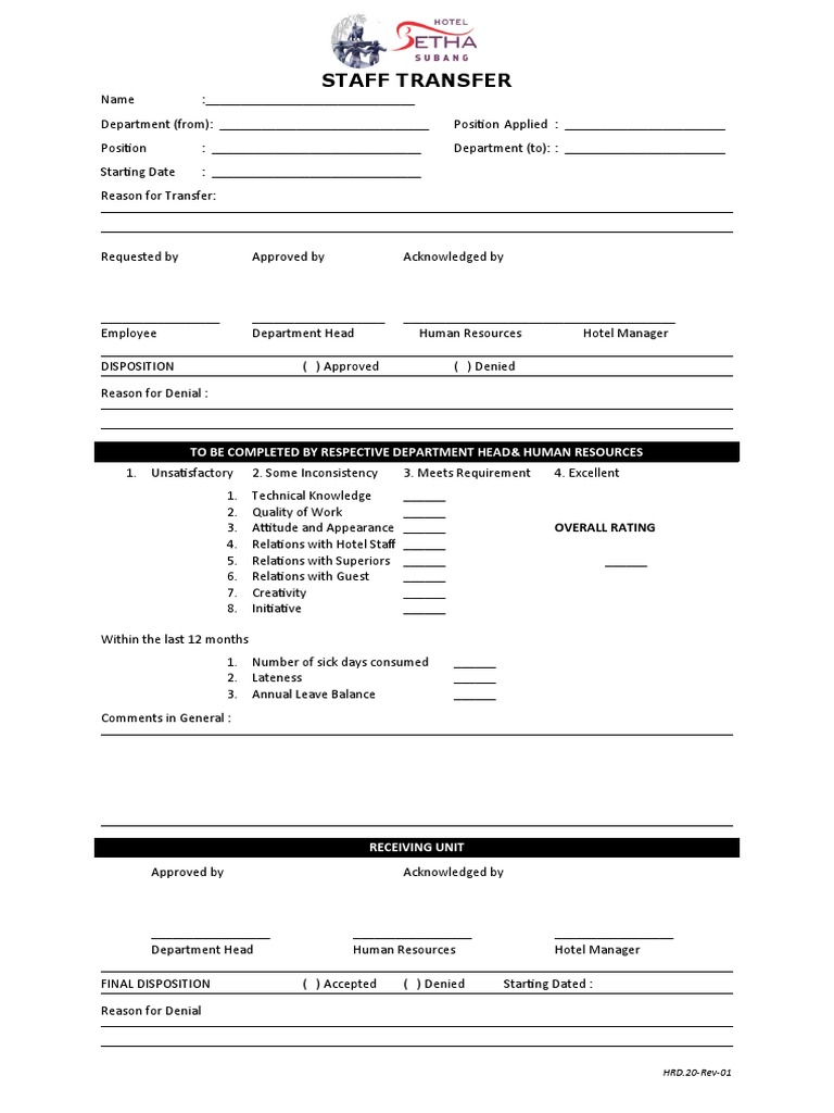 HRD20 - Inter Hotel Staff Transfer Form | PDF