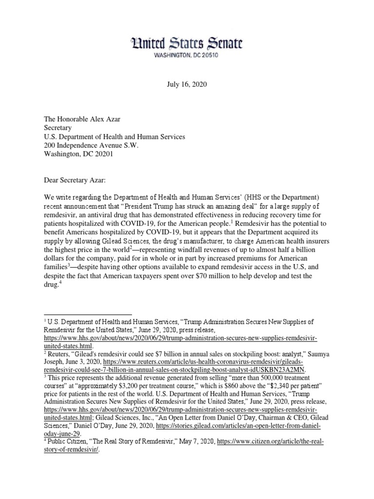 Letter to HHS Secretary Azar regarding the Gilead deal for a ...