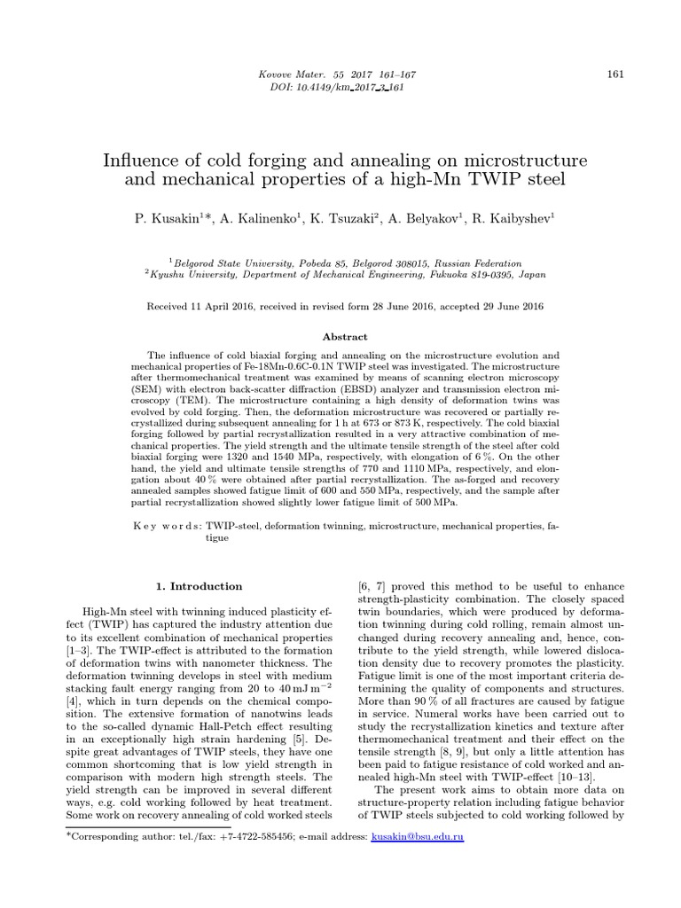 Influence of Cold Forging and Annealing On Microstructure and Mechanical Properties of A High-Mn ...
