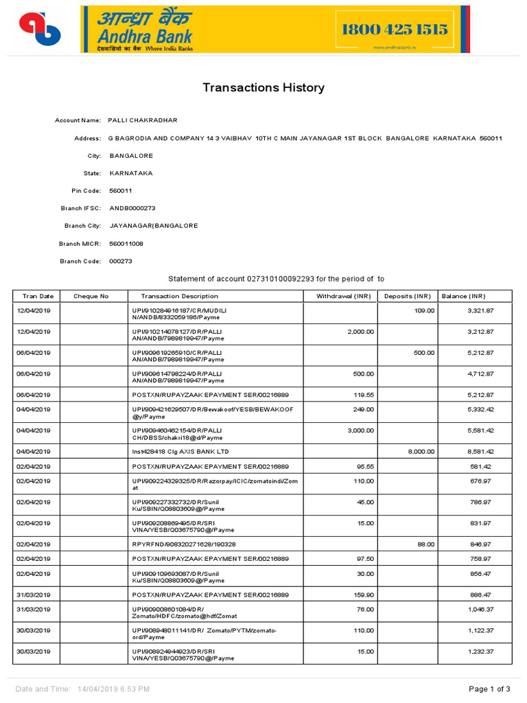 Transactions History: Statement of Account 027310100092293 For The ...