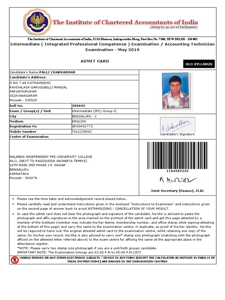 The Institute of Chartered Accountants of India - Admit Card PDF ...