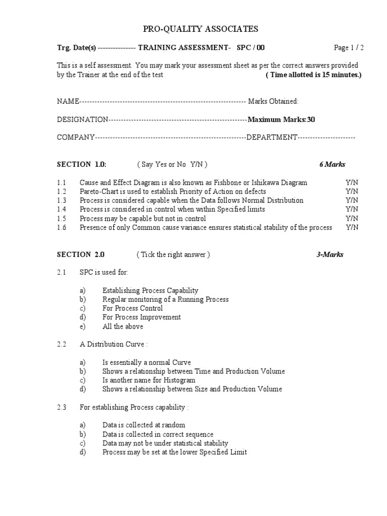 Pro-Quality Associates: Trg. Date(s) - TRAINING ASSESSMENT - SPC / 00 ...