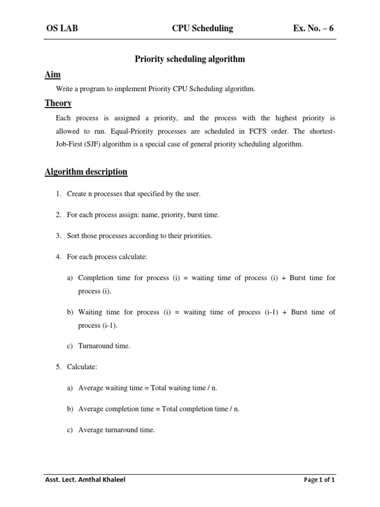Os Lab CPU Scheduling Ex. No. - 6: Asst. Lect. Amthal Khaleel | PDF