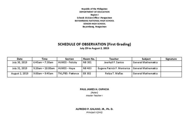 Schedule of Observation | PDF