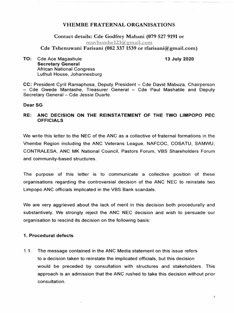Anc Nec Letter From Vhembe Fraternal Organisations July 2020