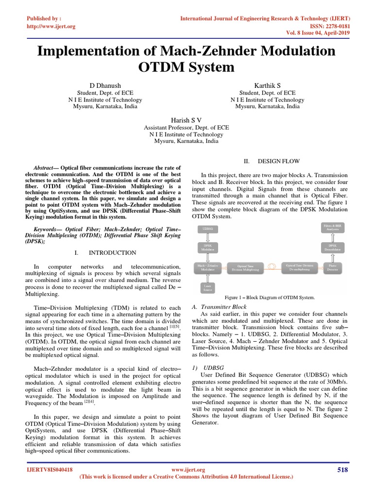 Implementation of Mach Zehnder Modulation Otdm System IJERTV8IS040418 ...