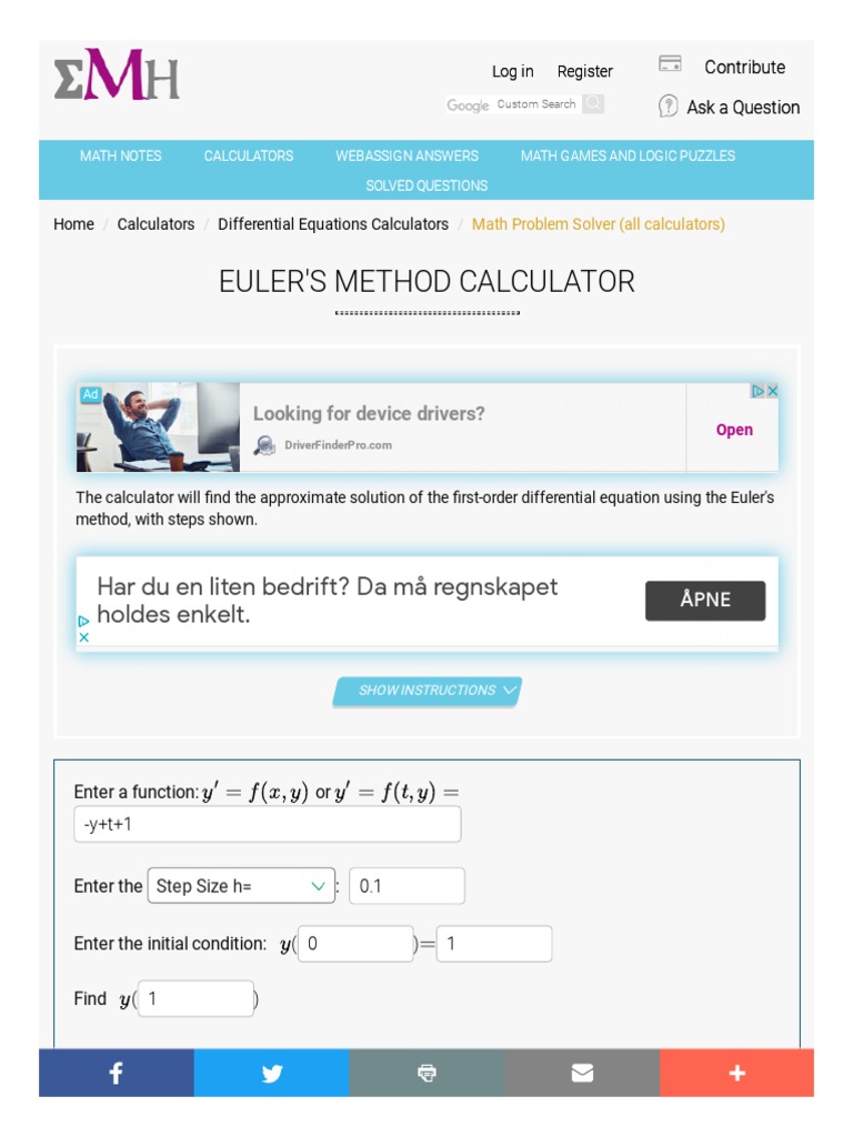 WWW Emathhelp Net Calculators Differential Equations Euler Method ...