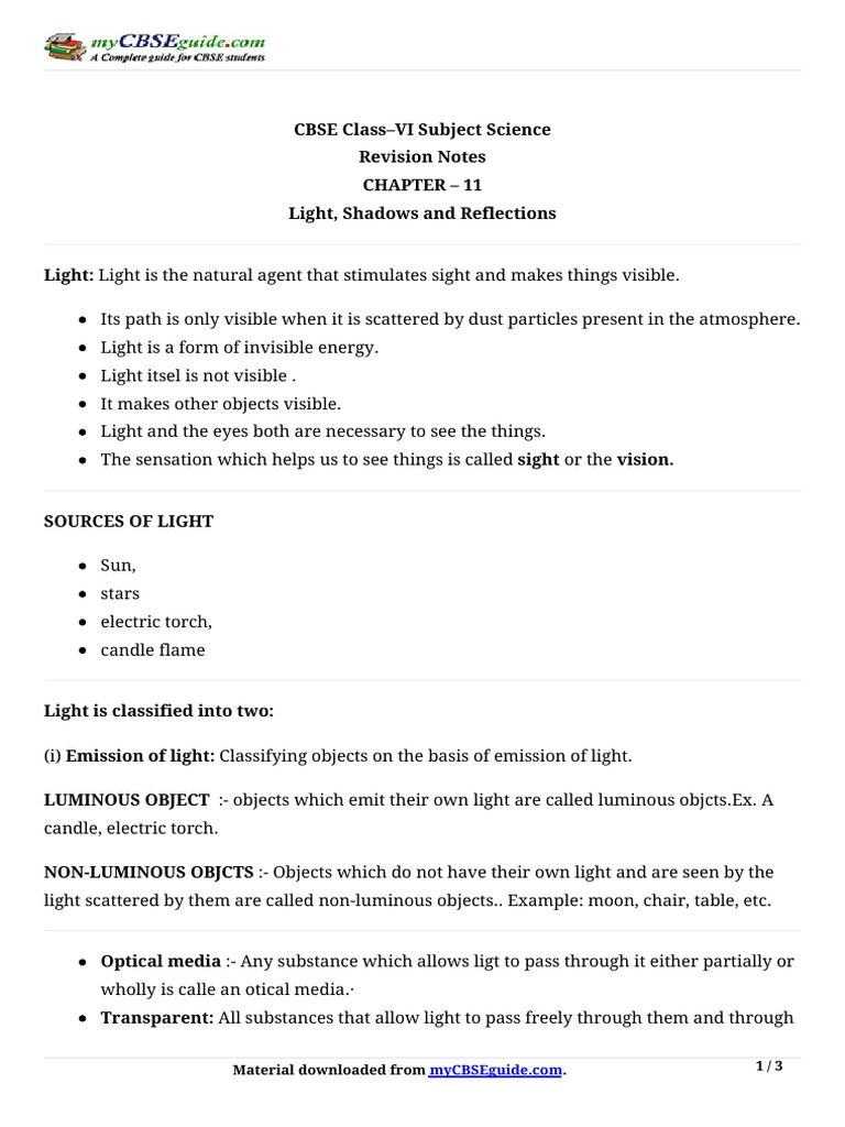 CBSE Class VI Science: Light & Shadows | PDF | Eclipse | Shadow