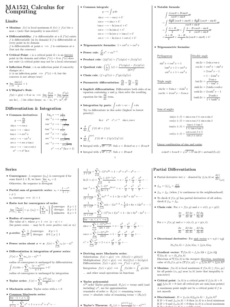 Calculus Reference and Notes | PDF | Trigonometric Functions | Ordinary ...
