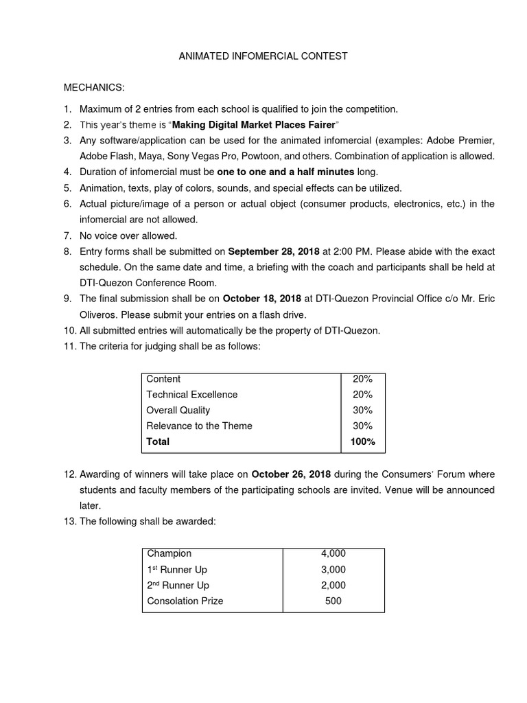 Animated Infomercial Contest Mechanics PDF | PDF
