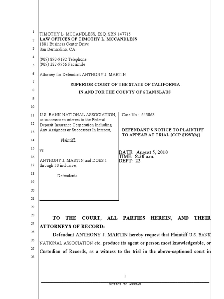 Notice to Appear for Trial 8-5-10 | Mortgage Law | Deed Of Trust (Real ...