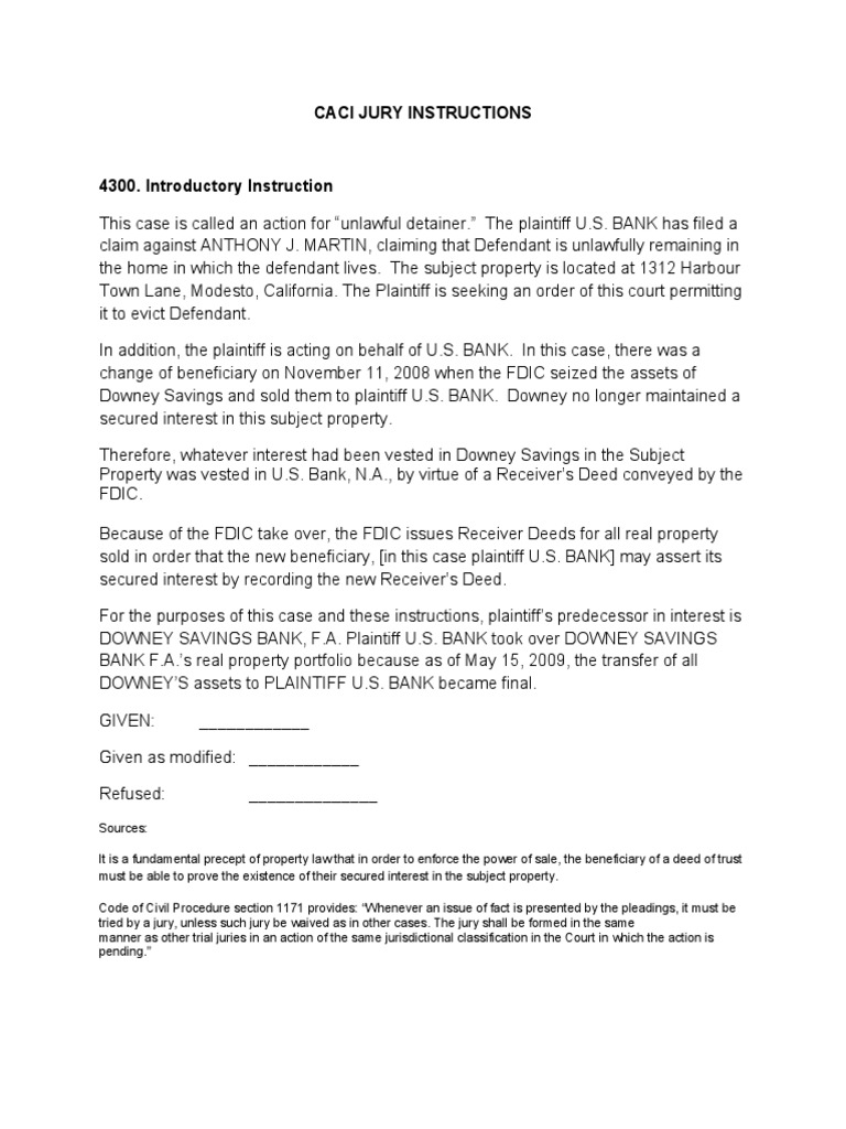 U.S. Bank Unlawful Detainer Case Instructions | PDF | Burden Of Proof ...