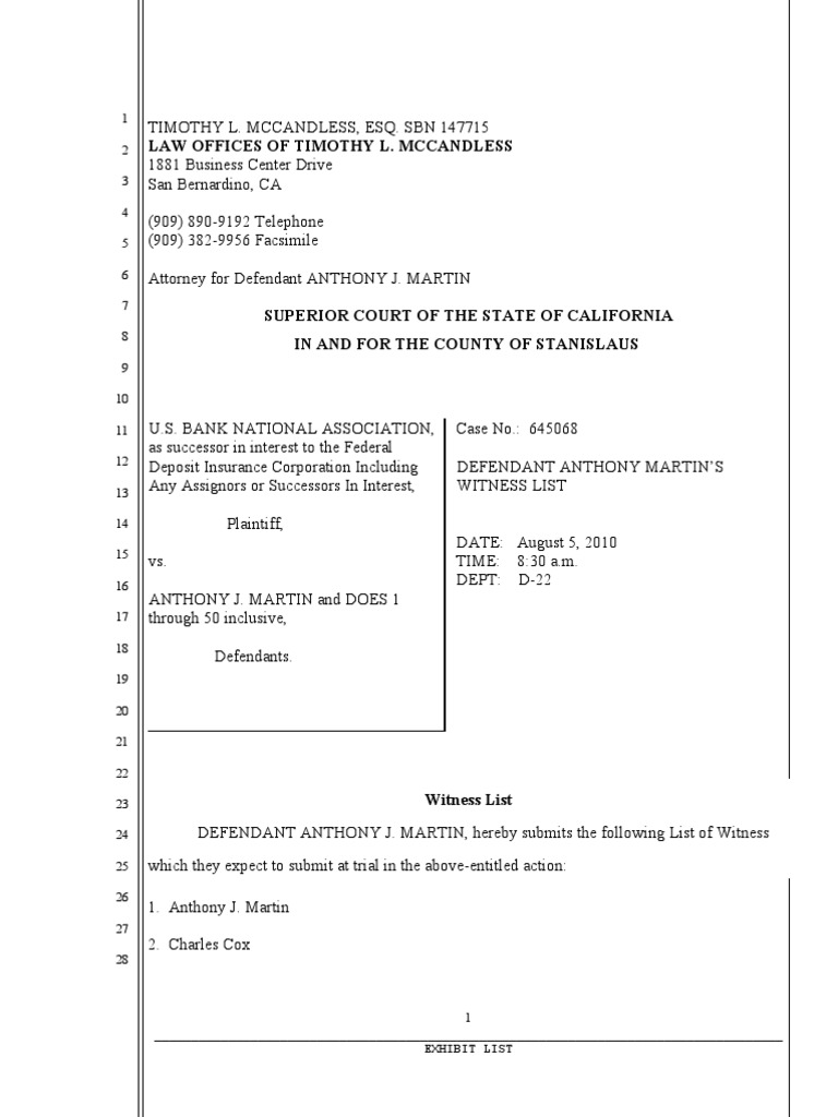 Anthony Martin Trial Witness List | PDF