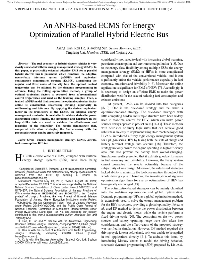 An ANFIS-based ECMS For Energy Optimization of Parallel Hybrid Electric ...