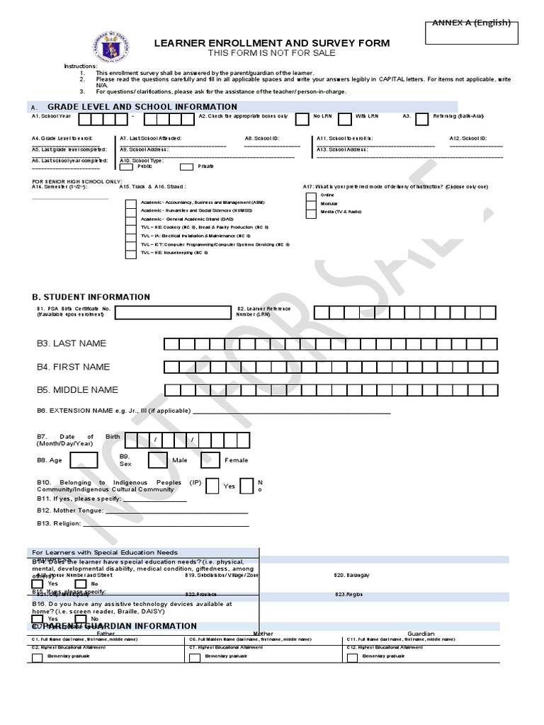Learner Enrollment and Survey Form: Grade Level and School Information ...