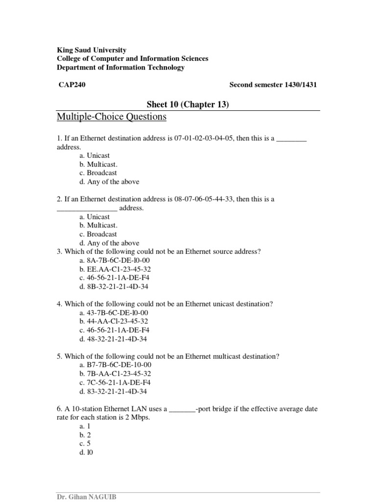 Multiple Choice and Exercise Questions on Ethernet Networking ...