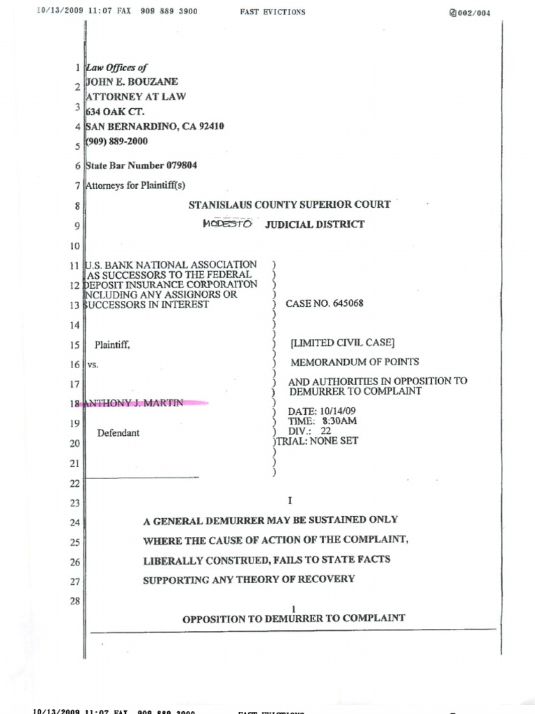 Opposition To Demurrer To Complaint, Memorandum of Points and ...