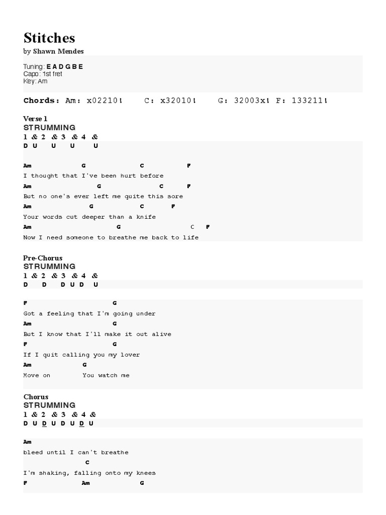 Stitches by Shawn Mendes | PDF | Song Structure | Surgical Suture