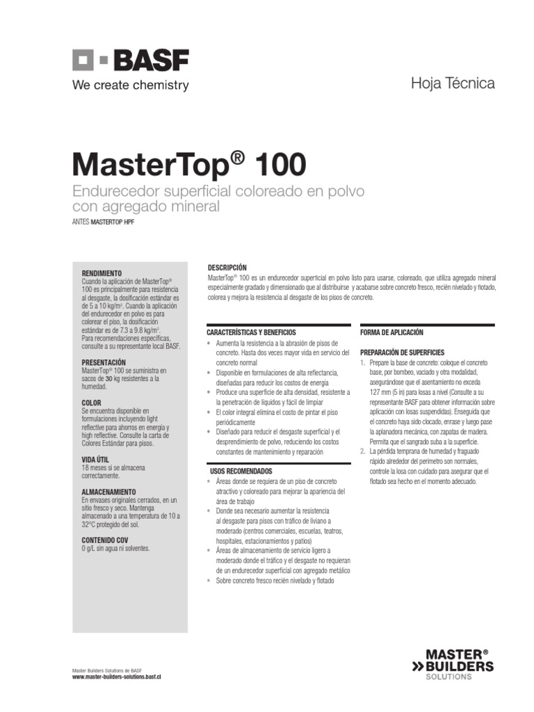 Basf MasterTop 100 Tds PDF | PDF | Hormigón | Agua
