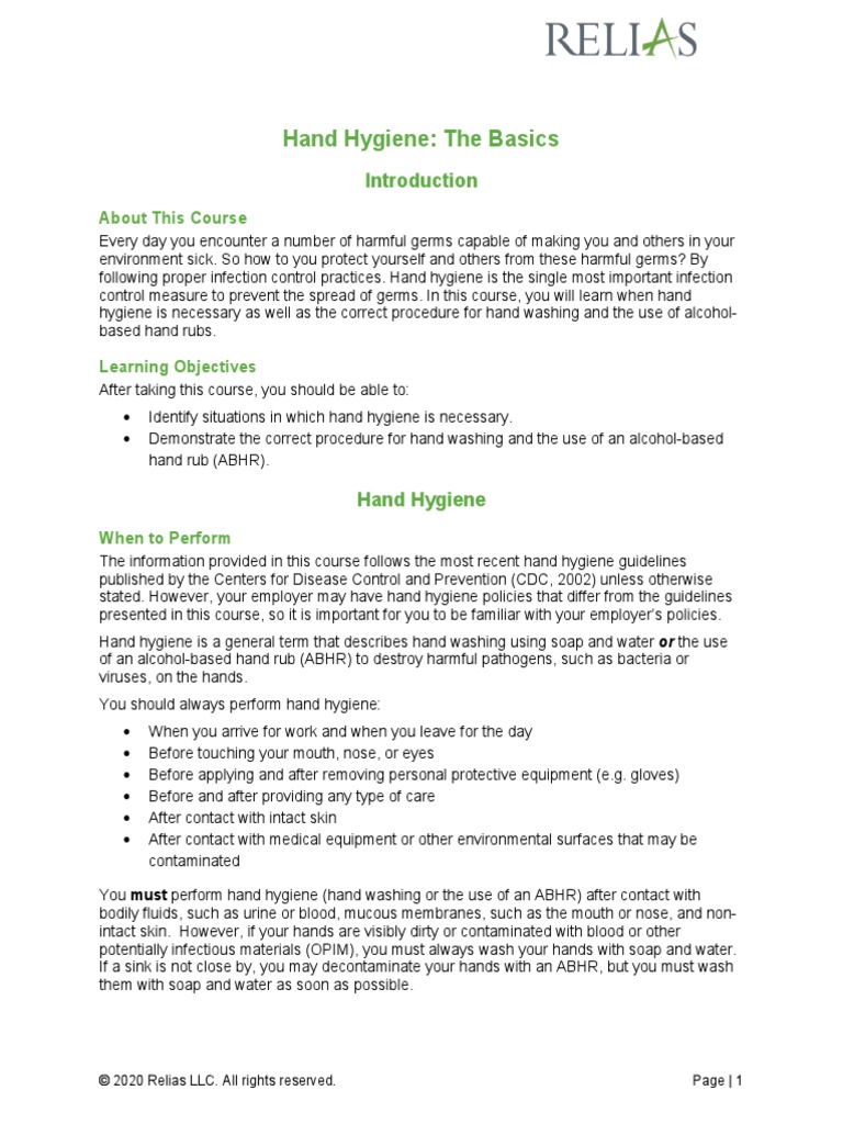 Hand Hygiene The Basics About This Course Pdf Hand Washing Hygiene