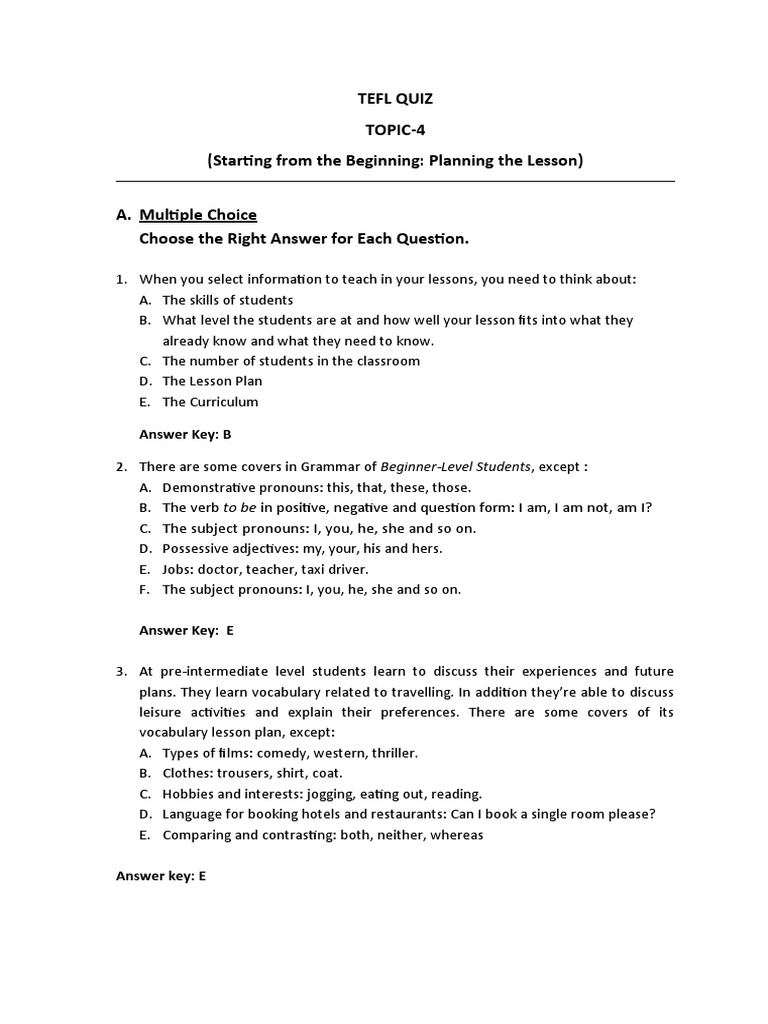 TEFL Quiz: Lesson Planning Insights | PDF | Vocabulary | Lesson Plan