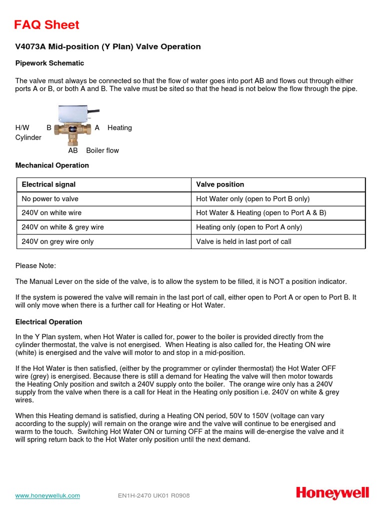 FAQ Sheet: V4073A Mid-Position (Y Plan) Valve Operation | PDF