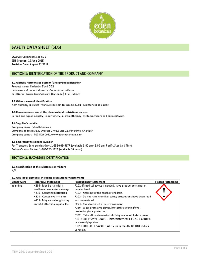 Coriander Seed CO2 Safety Data Sheet | PDF | Toxicity | Occupational ...