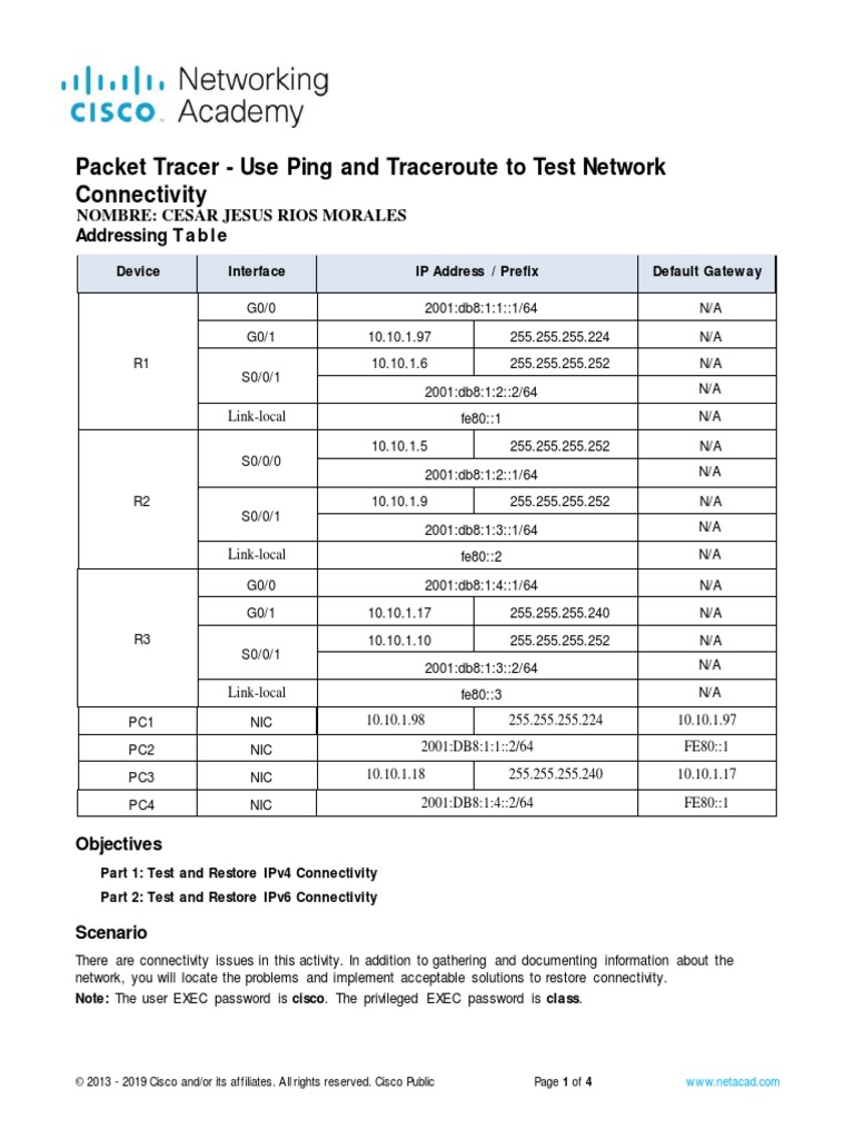 13.2.7 Packet Tracer - Use Ping and Traceroute To Test Network ...