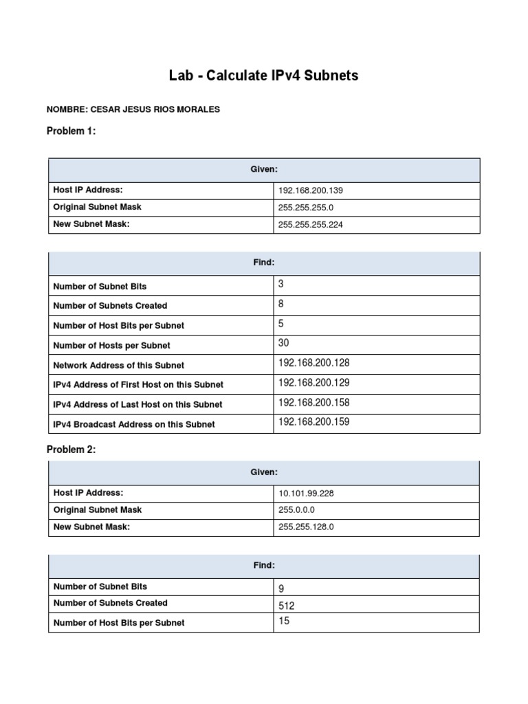Lab - Calculate Ipv4 Subnets: Problem 1 | PDF | Network Layer Protocols | Ip Address