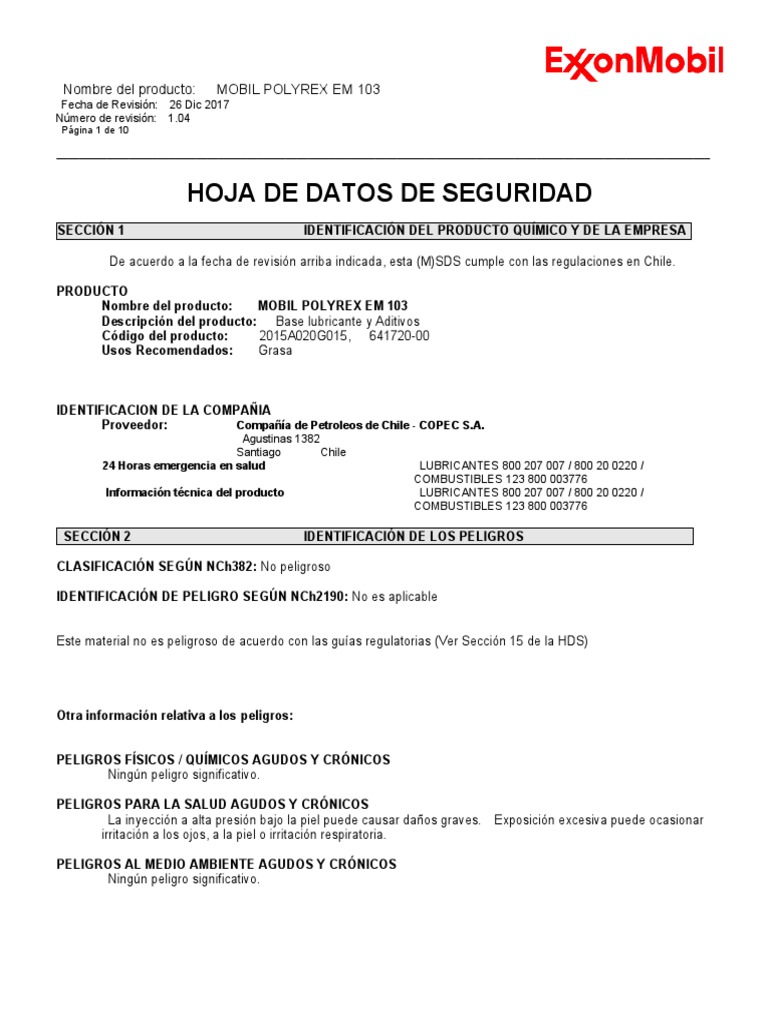 Grasa Mobil Polyrex EM 103 PDF | PDF | Primeros auxilios | Agua