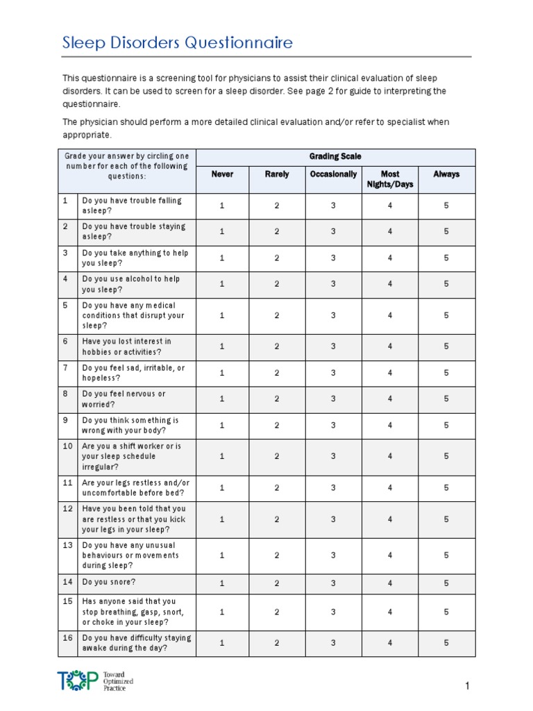 Sleep Disorders Questionnaire | PDF | Insomnia | Sleep