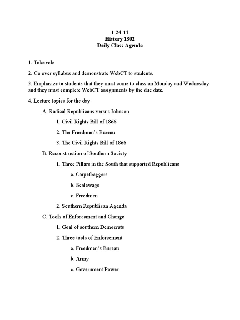 1-24-11 History 1302 Daily Class Agenda | PDF