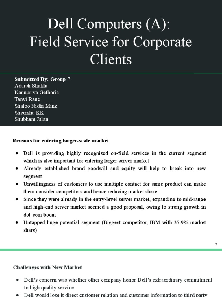 Dell Computers (A) : Field Service For Corporate Clients: Submitted By ...