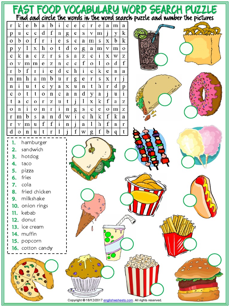 Fast Food Vocabulary Esl Word Search Puzzle Worksheet For Kids-Páginas ...