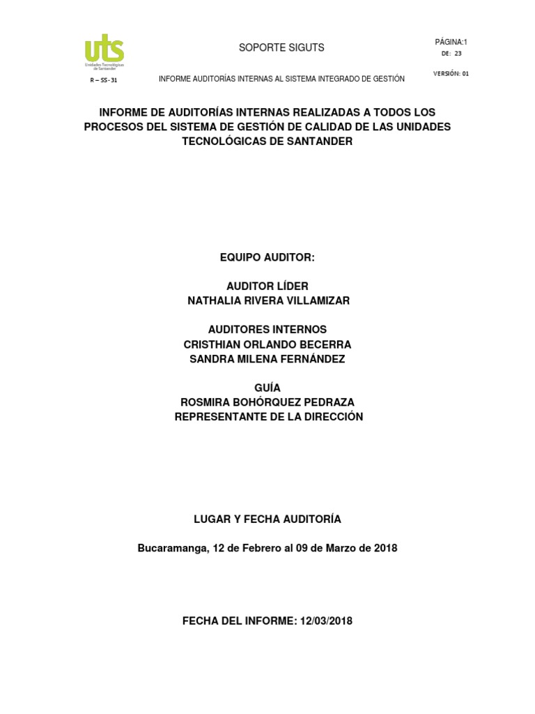 Adjunto 4 - INFORME DE AUDITORIA 2018 | PDF | Análisis FODA | Sistema de manejo de calidad