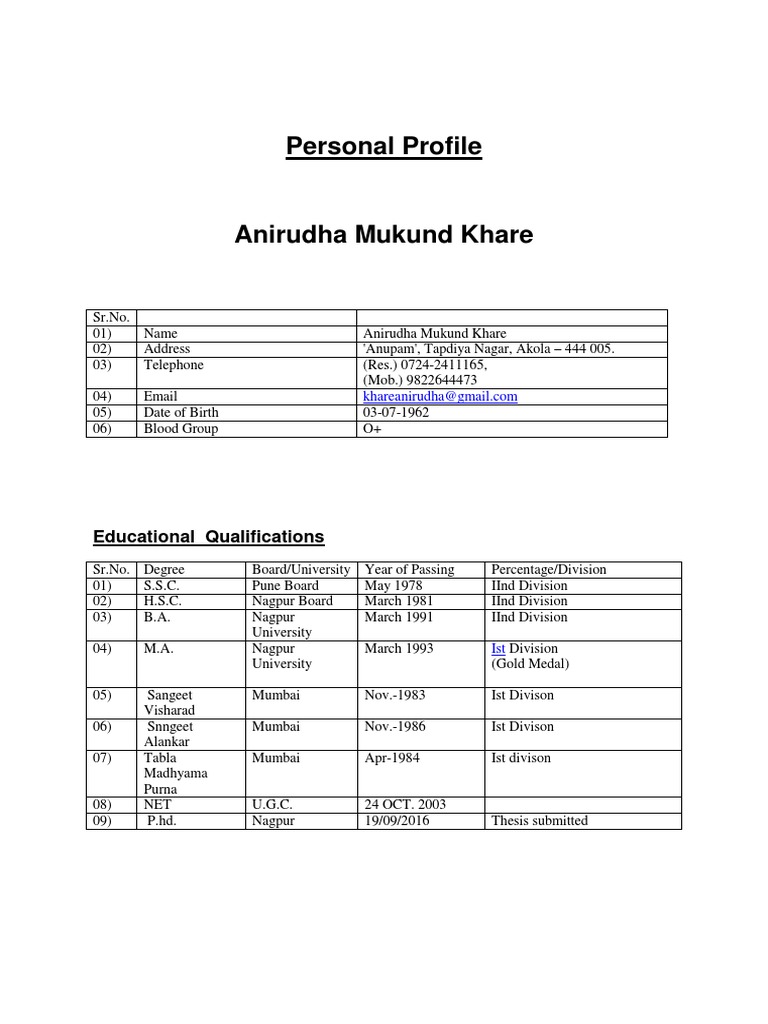 Personal Profile: Educational Qualifications | PDF | Bachelor Of Arts