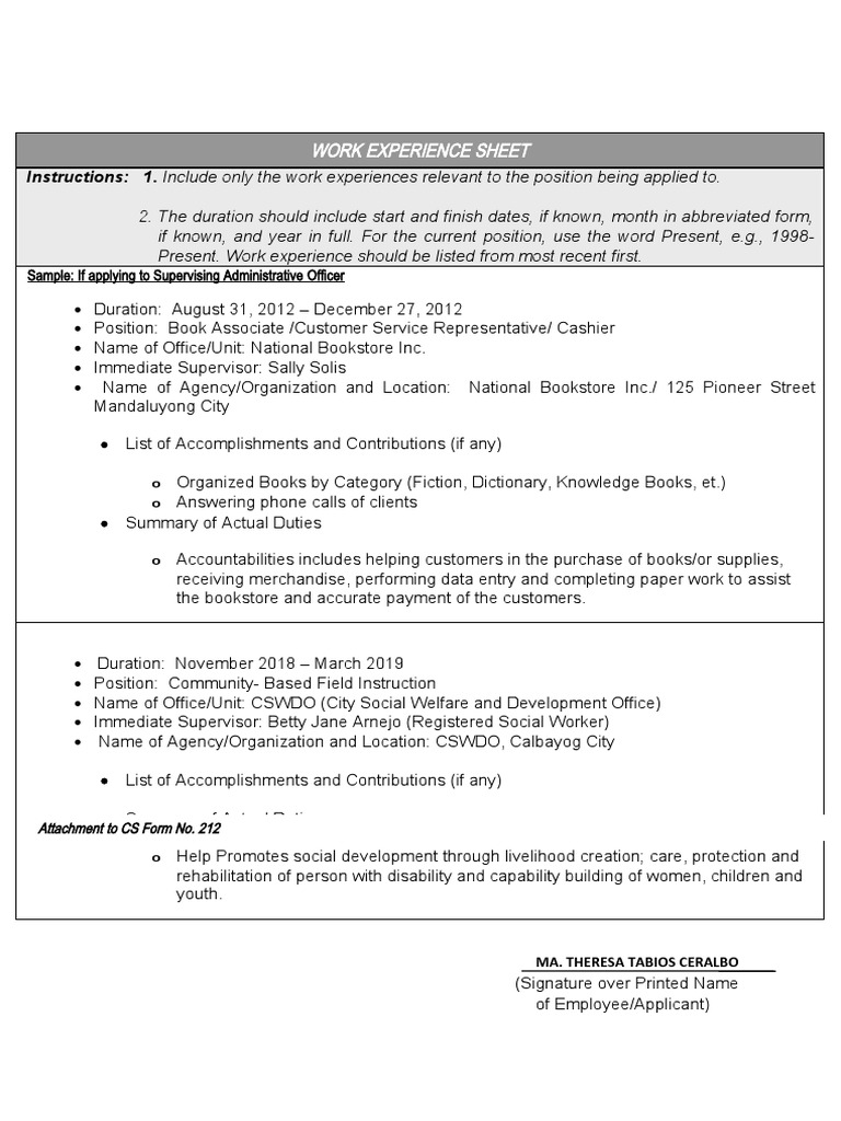Work Experience Sheet: Instructions: 1. Include Only The Work Experiences Relevant To The ...